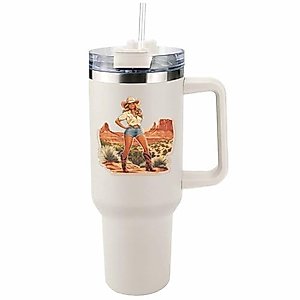 40 Oz Insulated Tumbler with Handle and Straw,Hat Girl In Desert Stainless Steel Vacuum Insulated Travel Mug,Leak-proof Water Bottle Iced Coffee Cup,Rustic Cartoon Western Cowgirl