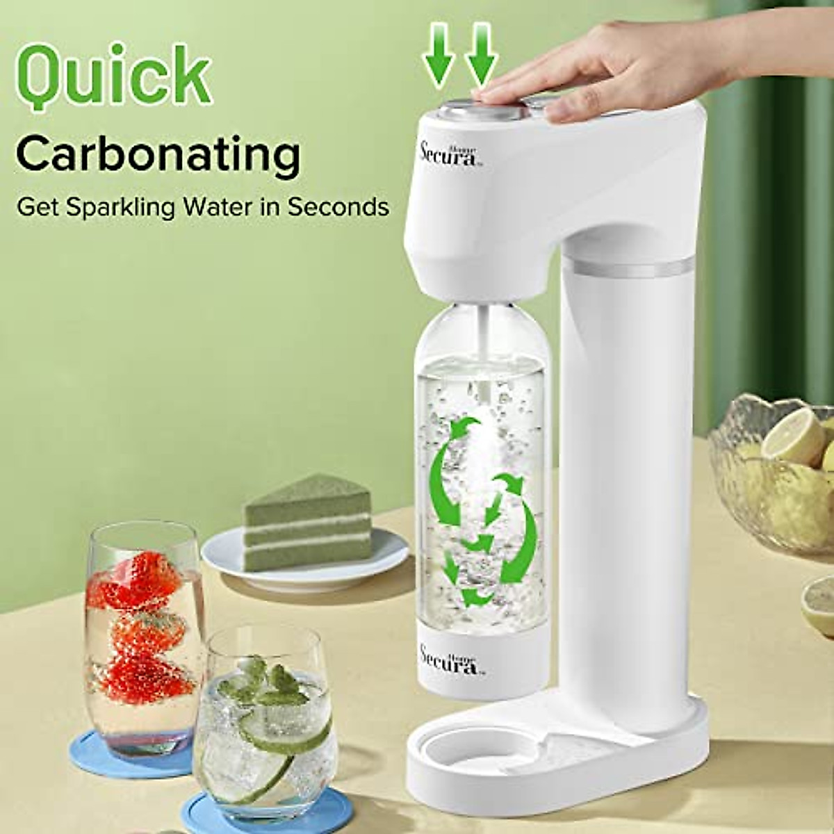 Secura Home Sparkling Water Machine, Cordless Soda Maker with Pressure Gauge, Quick & Customize Carbonation for Any Drink, with BPA Free PET Bottle, Compatible 60L CO2 Exchange Cylinder (NOT Included)