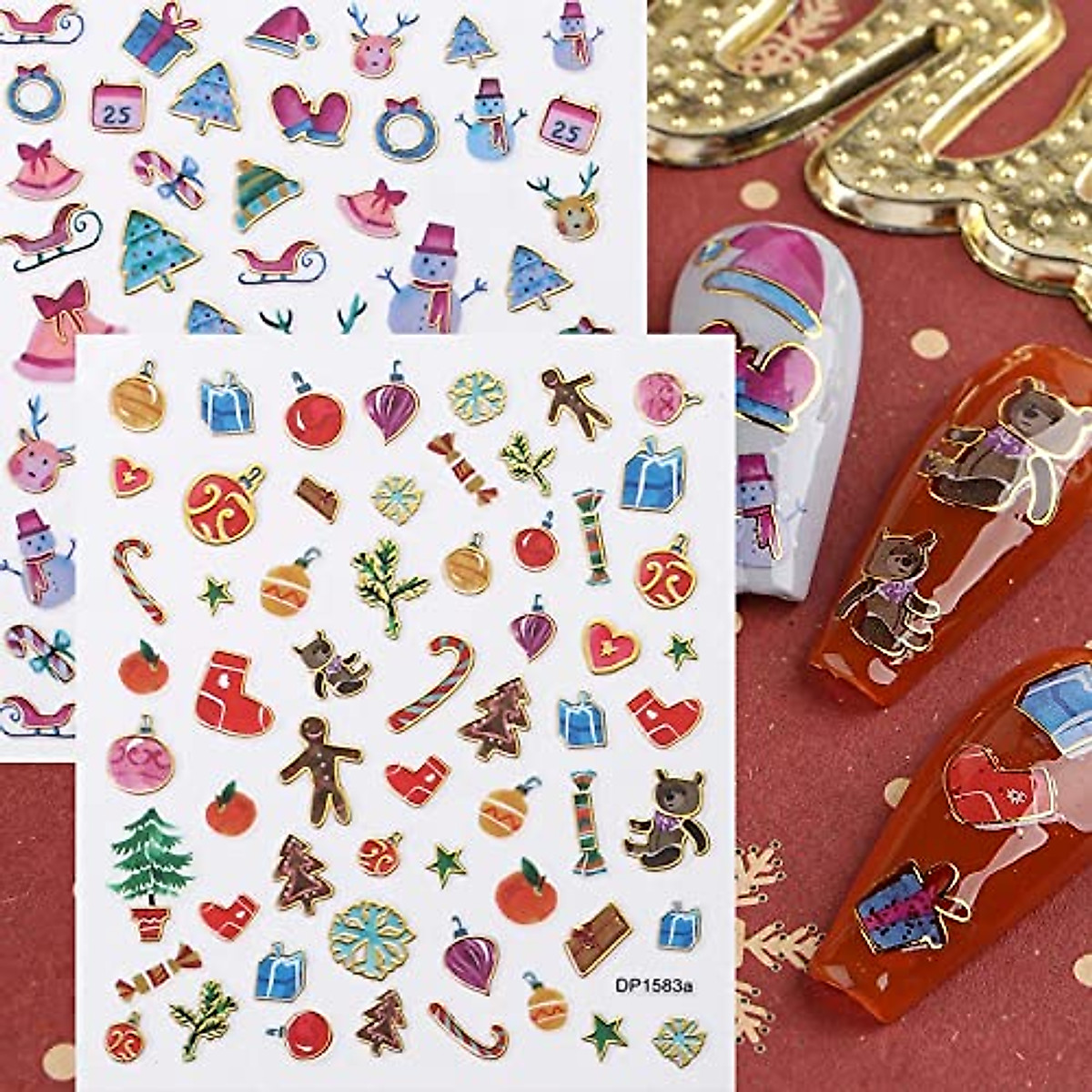 Christmas Nail Stickers, 3D Metallic Christmas Nail Art Decals Snowflakes Christmas Tree Snowmen Santa Claus Reindeer Gift Xmas Nail Design Self-Adhesive Metal Gold Winter Nail Decals for Women Girls(9 Sheets )