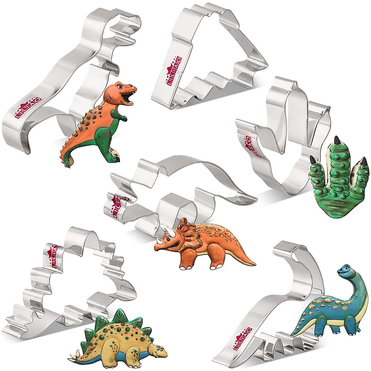 LILIAO Dinosaur Cookie Cutter Set Kids Birthday, 6 Pieces, Stainless Steel