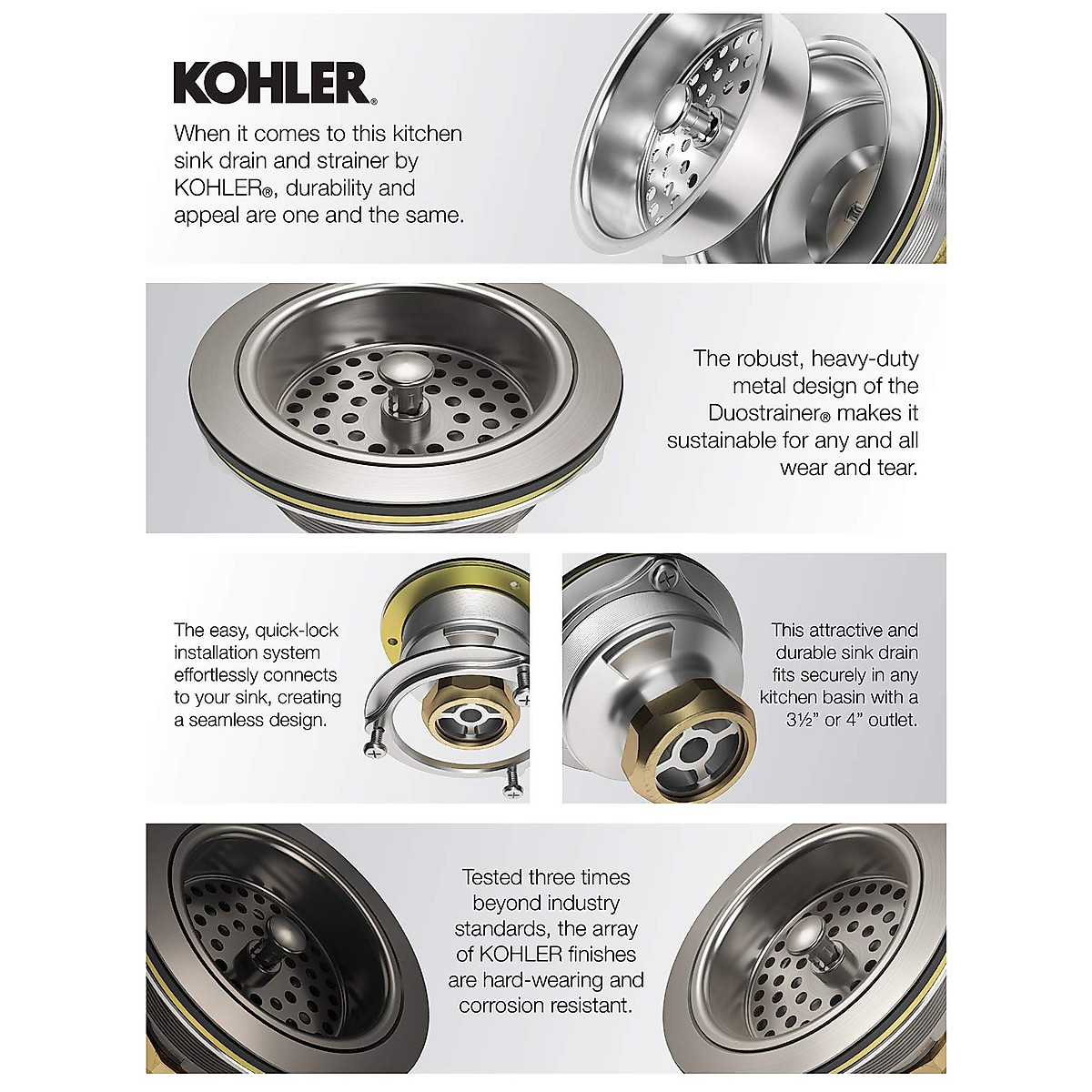 KOHLER K-8801-2MB Duostrainer Sink Strainer, Sink Drain and Strainer with Tailpiece, Vibrant Brushed Moderne Brass