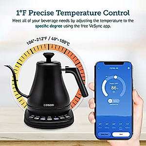 COSORI Electric Gooseneck Kettle Smart Bluetooth with Variable Temperature Control, Pour Over Coffee Kettle & Tea Kettle, 100% Stainless Steel Inner Lid & Bottom, Quick Heating, Matte Black