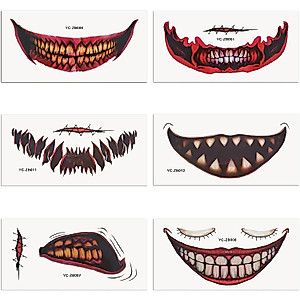 12PCS Halloween Face Tattoos for Adults, 2022 Halloween Prank Makeup Temporary Tattoo, Scary Big Mouth Tattoo Realistic Halloween Face Tattoos for Adult Women and Men
