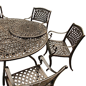 Oakland Living Rose Ornate Traditional Outdoor Mesh Lattice Aluminum 59 inch Bronze Round Dining Set with Lazy Susan and Six Chairs