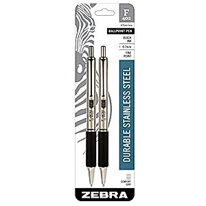 Zebra Pen F-402 Retractable Ballpoint Pen, Stainless Steel Barrel, Fine Point, 0.7mm, Black Ink, 2-Pack
