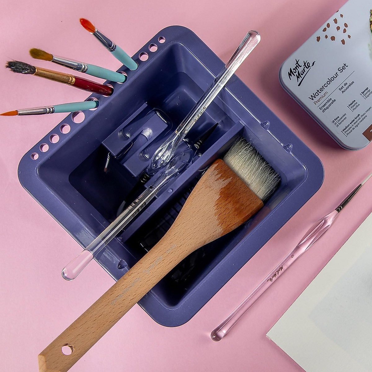 Mont Marte Twin Compartment Plastic Brush Washer. Easy Paint Brush Cleaning and Drying. Suitable for Acrylic and Watercolor Painting.