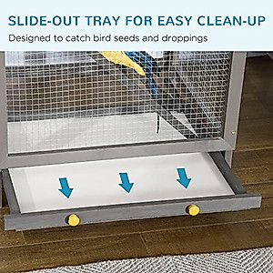 PawHut 65" Wooden Bird Cage Outdoor Aviary House for Parrot, Parakeet, with Pull Out Tray and 2 Doors, Grey