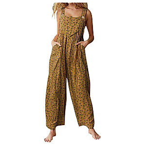 Padaleks Women's Summer Vintage Floral Print Jumpsuits Sleeveless Overalls Romper Boho Baggy Long Pants w/Pocket