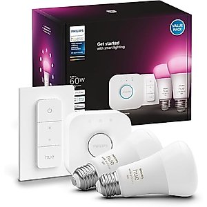Philips Hue Smart Light Starter Kit - Includes (1) Bridge, (1) Dimmer Switch and (2) A19 LED Bulbs - White and Color Ambiance Color-Changing Light - 800LM - E26 - Control with App or Voice Assistant