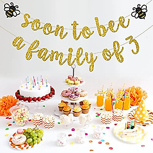 INNORU Soon to Bee a Family of Three Banner, Bumble Bee Theme Baby Shower Party Decorations, Mommy to Bee Daddy to Bee Party, Bee Pregnant Annountanct Party Decorations, Gold Glitter