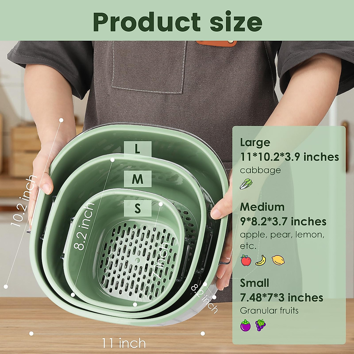 8.2 Quart Large Strainers and Colanders,3 Sets Plastic 2 in 1 Double Layered Strainers for Kitchen,BPA Free Fruits and Vegetable Washing Basket,for Pasta Salad Berry Cleaning Mixing (Green)