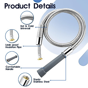 Gdyfdskin 44 Inch Pre-Rinse Hose with Heat Resistant Handle for Commercial Kitchen Sink Faucet, Flexible Stainless Steel Commercial Sink Sprayer Hose Replacement Parts - Grey
