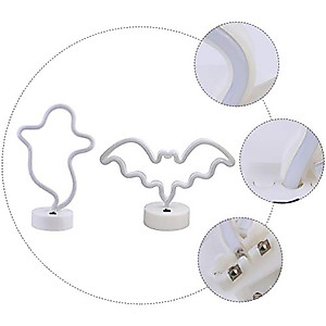 OSALADI 2pcs Halloween Neon Signs Light Ghost Bat Festival Decorative Bedside Lamp LED Table Neon Light for Bedroom Nursery Without Battery (White)