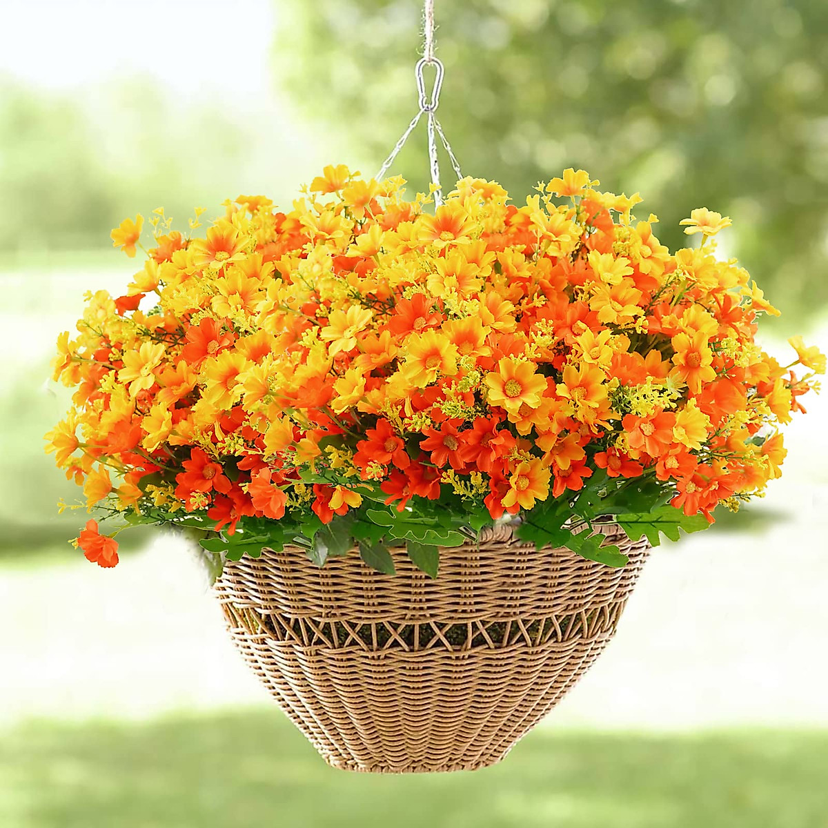 Uieke Artificial Fake Flowers, 6 Bundles Daisy Mums Flowers Outdoor UV Resistant No Fade Greenery Shrubs Plants Indoor Outside Hanging Planter Home Wedding DIY Garden Porch Décor (Orange Yellow)