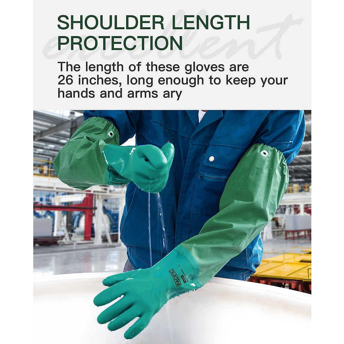 PACIFIC PPE 26" Rubber Gloves, Chemical Resistant Gloves PVC Reusable, Heavy Duty Waterproof Gloves with Cotton Liner, Anti-skid, Acid-alkali and Oil, Large