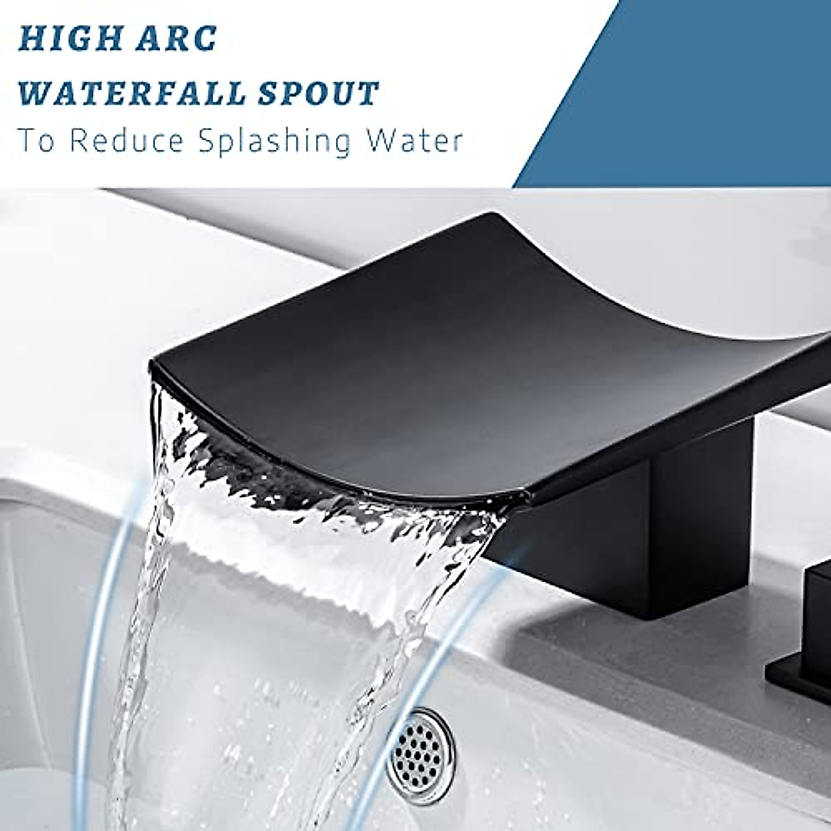 BANGPU Waterfall Bathroom Faucets, Modern Bathroom Sink Faucet 3 Holes Widespread Dual Handle Brass Basin Faucet Mixer Taps with Supply Hoses, Matte Black Vanity Sink Faucet