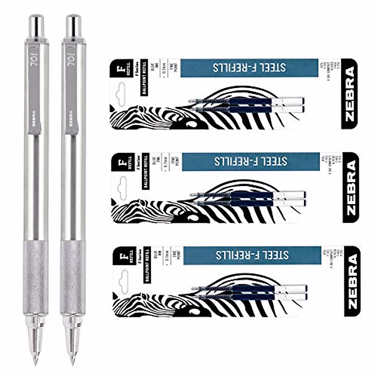 Zebra F-701 Stainless Steel Ballpoint Retractable Pen Medium Point, 0.7mm, Black Ink, 2-Count Bundle with 6 Pen Refills, 0.7mm