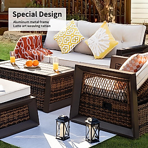 6 Pcs Outdoor Furniture Set, Patio Furniture with Aluminum Frame, Wicker Recliner Chairs with Ottomans, Modern Outdoor Conversation Set Sectional Sofa, Rattan Patio Set with Storage Table (Brown)