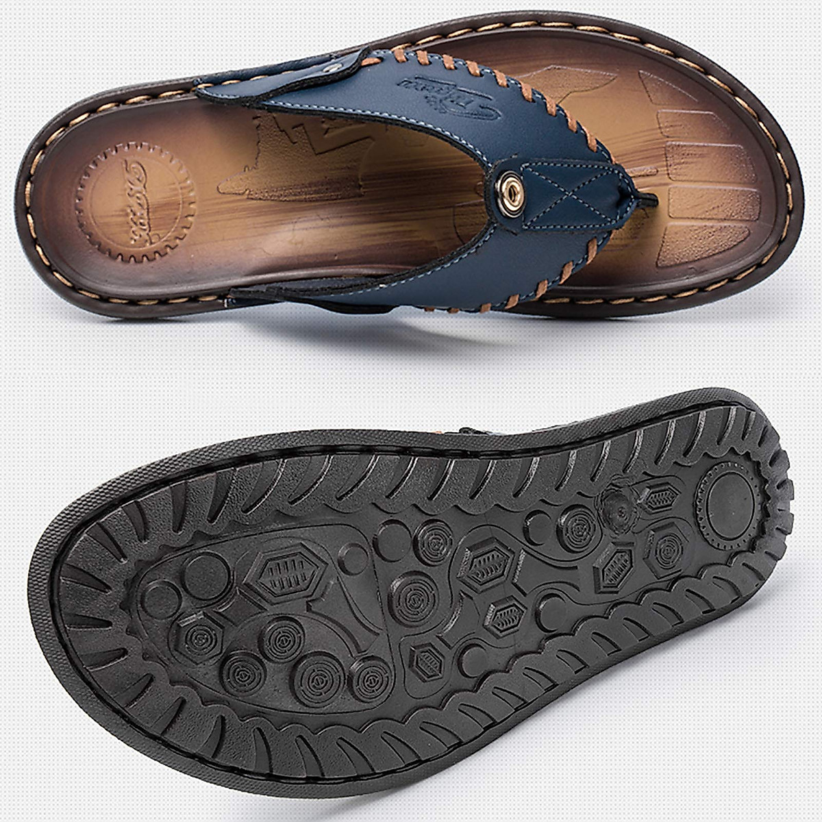 MXTSH Mens Flip Flops Casual Leather Home Sandals For Mens Rubber Sole Slippers (US Size 9.5(43), Blue Flip Flops)