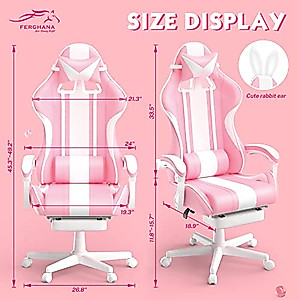 Ferghana Pink Ergonomic Gaming Desk Chairs For Office Adults & Teens, Cute Racing PC Gamer Chair With Footrest, Massage, For Girls, Recliner Silla Gamer Rosa