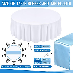 Tudomro 16 Pcs Round Plastic Tablecloth and 12 x 108 Satin Table Runner Set 84" Round Table Covers Circle Plastic Table Cloth for 4th of July Birthday Wedding Party Decoration(White, Light Blue)