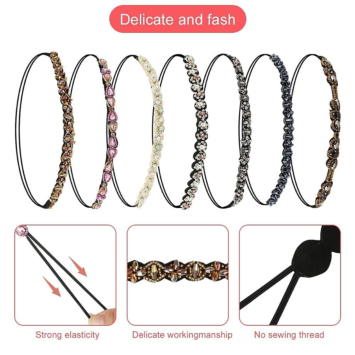7 Pcs Rhinestone Beaded Headbands, Fashionable Crystal Beaded Elastic hairbands for Women Girls Hair Jewelry Accessories