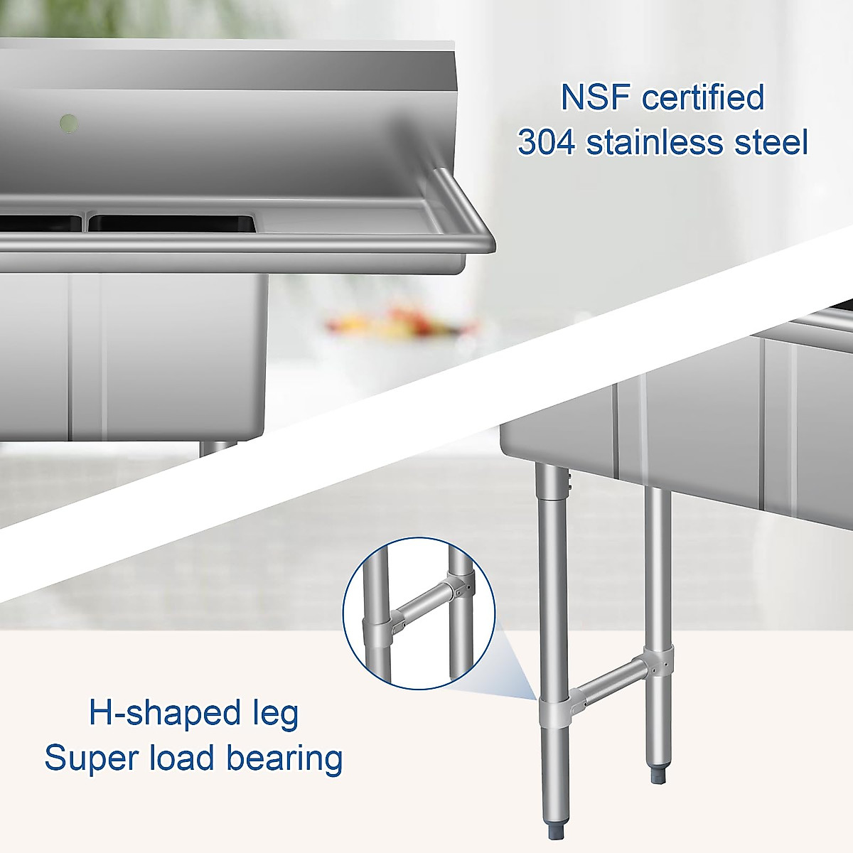 HARDURA Stainless Steel Kitchen Sink With 3 Compartments, Commercial Sink Right Drainboard Freestanding NSF Certified Utility Basin 10" L X 14" W X 10" D Bowl For Kitchen & Restaurant, Laundry Room