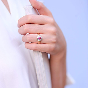 KnBoB Women Heart 3 Layers Round Shape 0.5ct Ruby Ring 18K Gold & 18K White Gold Promise Wedding Engagement Bridal Anniversary Ring Size 10