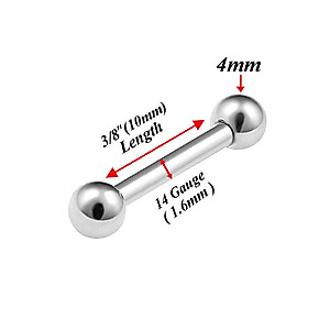 4pcs 14g Barbell Earring Cartilage Triple Forward Helix Stud Anti Tragus Lobe Rook Jewelry Surgical Steel 4mm Ball - 10mm