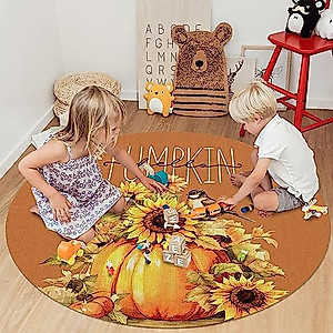 Pumpkin Sunflower Round Area Rug 3.3ft,Washable Outdoor Indoor Carpet Runner Rug for Bedroom,Kitchen,Living Room,Office,Area+Rug Small Bath Door Desk Floor Mat Fall Thanksgiving Harvest Autumn Orange