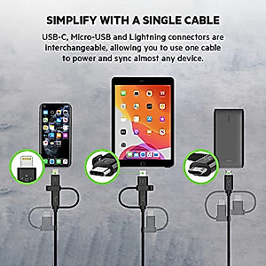 Belkin 3-in-1 Universal USB-A Cable - USB-C Cable, Lightning Cable, Micro-USB Charging Cable - Charging Cord Boost Charge Charger Designed for Apple iPhones & iPads, Galaxy, Tablet, Smartphone - Black