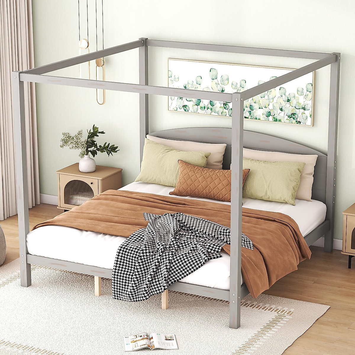 Acosure King Size Canopy Platform Bed with Headboard and Support Legs,Bedroom Wood Bed Frame W/Space Saving,No Box Spring Required,for Girl Boy Kid,Adults,Grey Wash