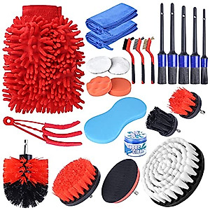 Manesi Car Detailing Brush Set,24PCS Drill Brush Set,Car Interior Detailing Kit & Car Wash Kit with Boar Hair Detail Brush and Cleaning Gel for Wheel,Dashboard,Air Vent,Leather and Exterior