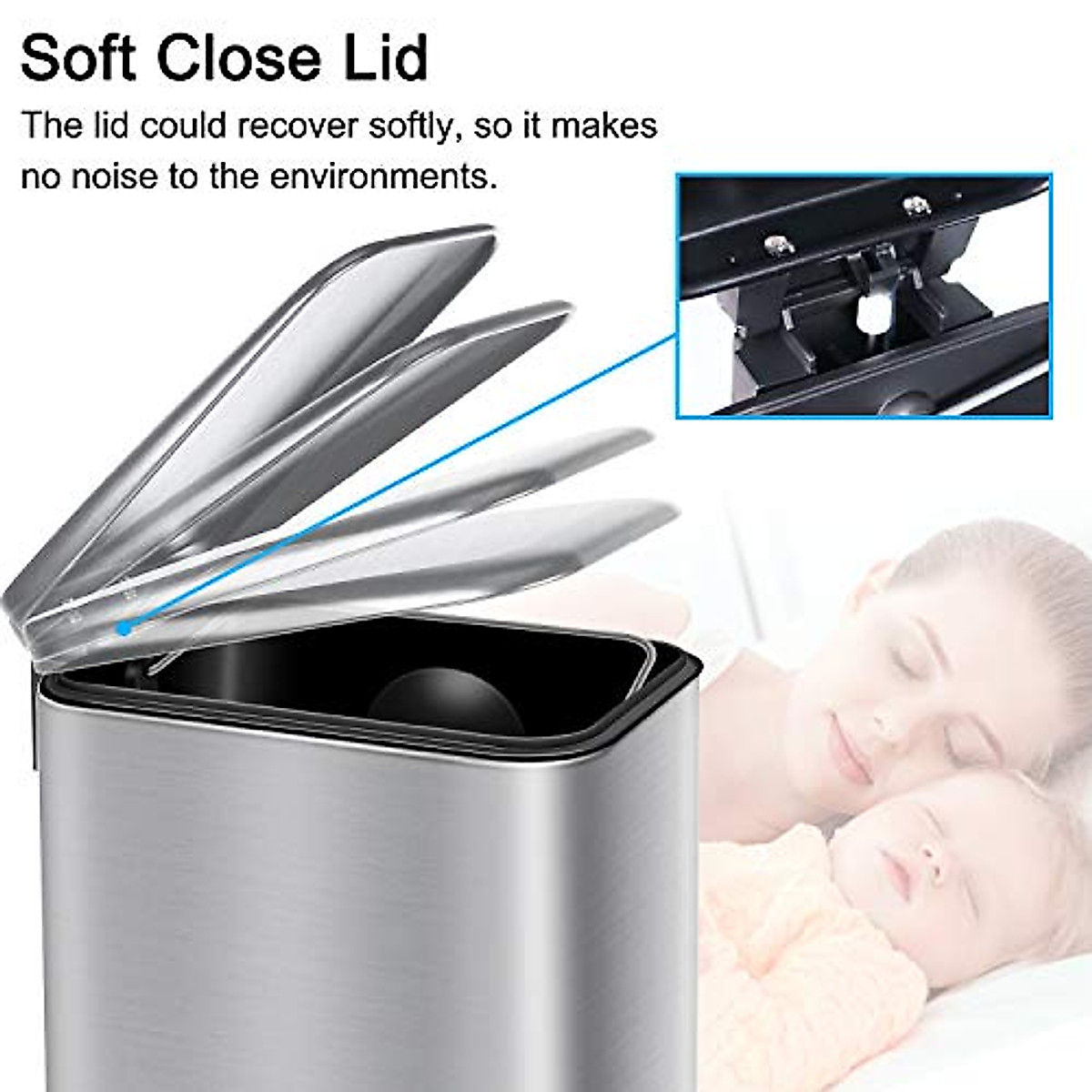 YCTEC 1.3 Gallon/5 Liter Stainless Steel Small Trash Can with Lid Soft Close, Removable Inner Waste Basket, Rectangular Slim Garbage Can for Bathroom Bedroom Office, Narrow Step Trash Bin, Silver