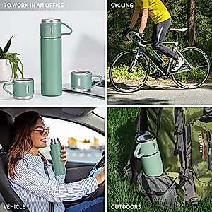 MUCR 500ml/17 OZ Stainless Steel Coffee Thermo Vacuum Flask Set, Insulated Water Bottle with Three Cup for Hot and Cold Drinks, Green