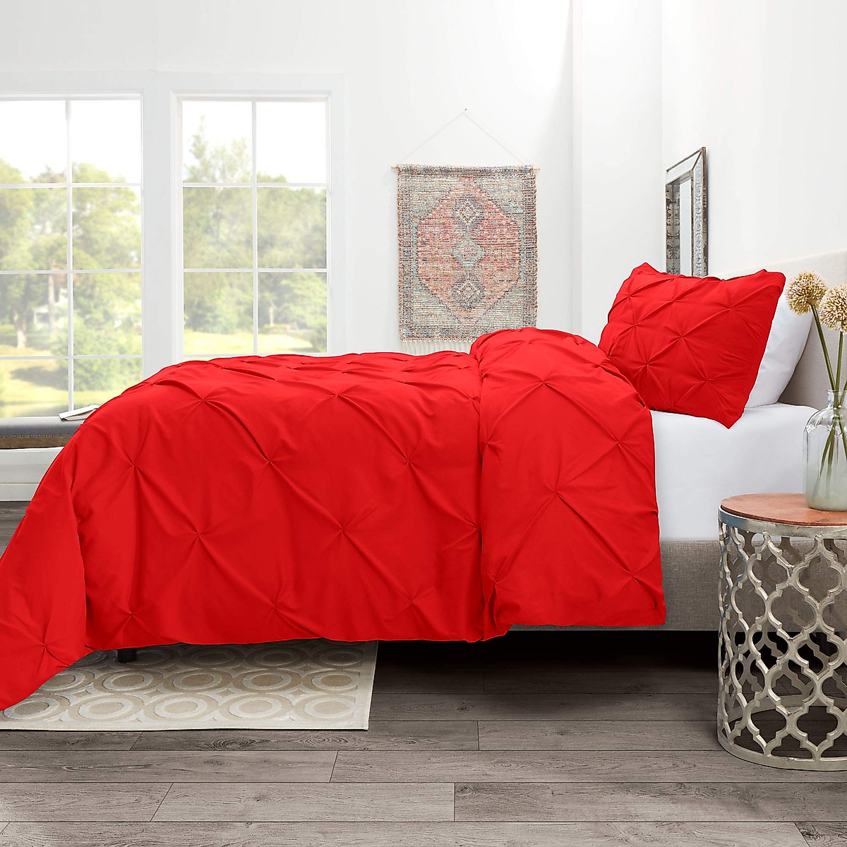 Good Night Bedding Duvet Cover Set - Pinch Pleated 3 Piece Duvet Cover Set 100% Cotton 800 Thread Count with Zipper & Corner Ties Tuffed Pattern Pintuck Decorative (King/Cal King, Red) Duvet Set