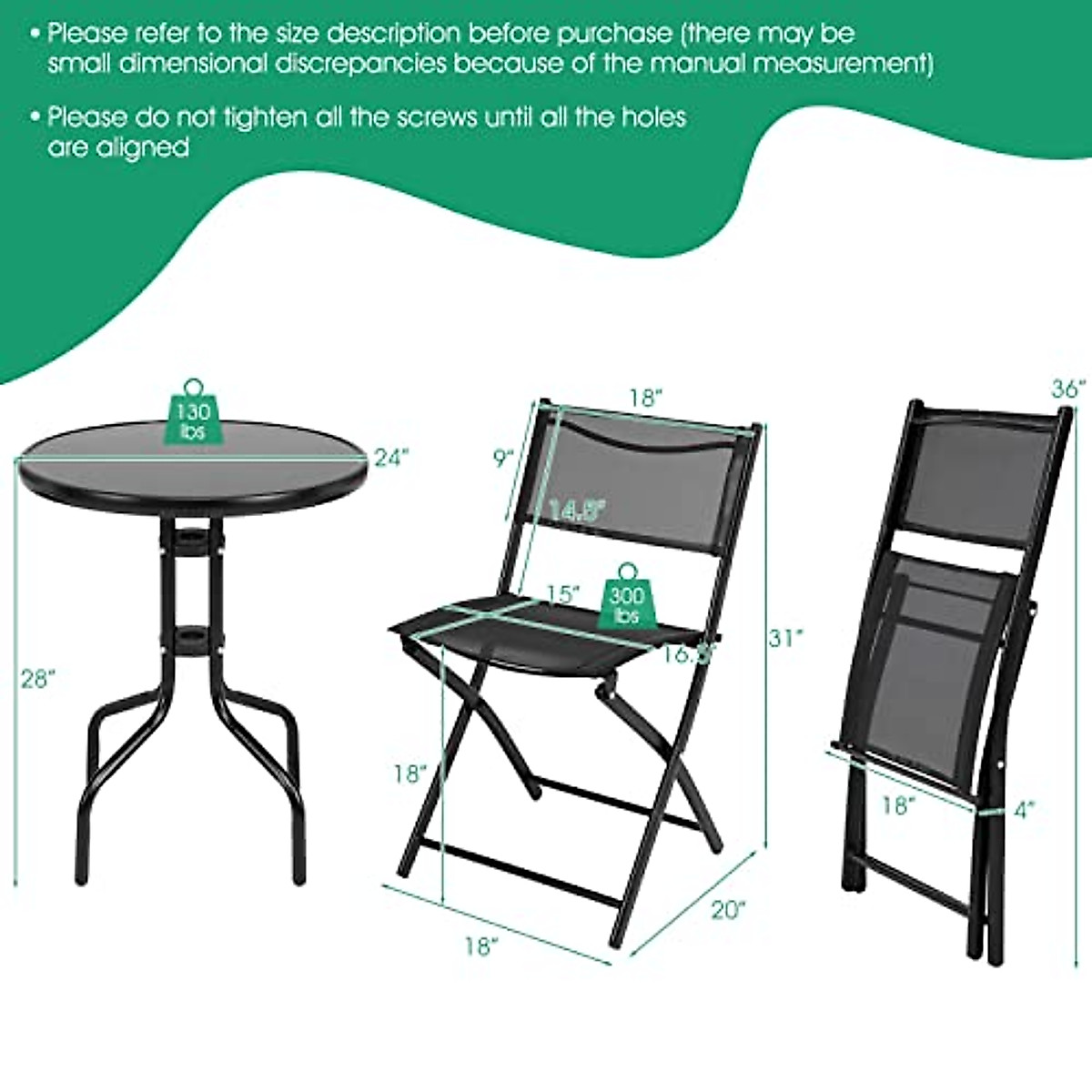 UIIAIOUIAIO 3 Piece Folding Patio Bistro Set, Metal Chairs & Table Set, Outdoor Patio Furniture Set for Garden, Front Porch, Poolside, No Assembly Needs
