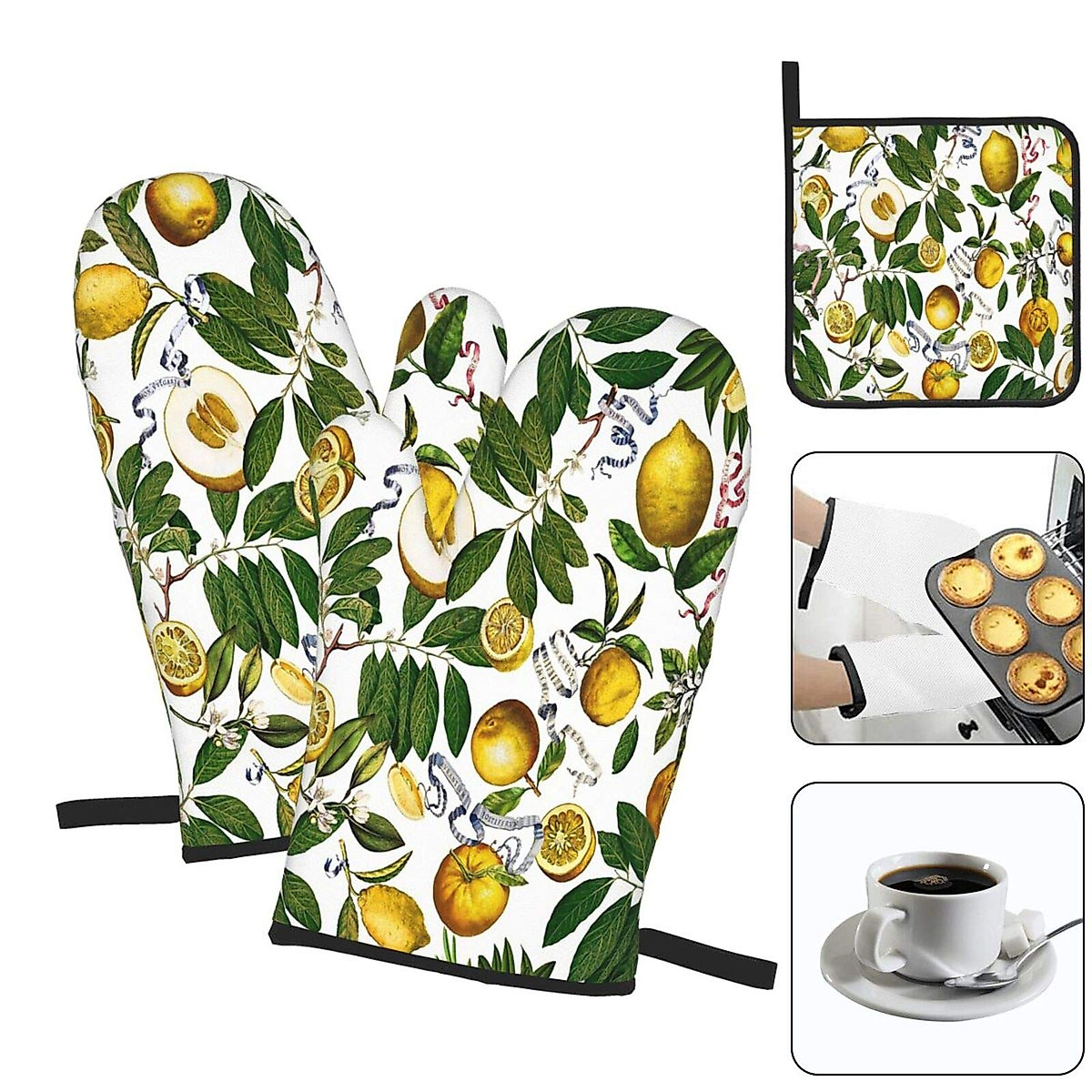 Watercolor Yellow Lemon Oven Mitts and Pot Holders Set of 3 Lemons Hot Pads with Non-Slip Heat Resistant Microwave Golves for Kitchen Cooking Grilling BBQ