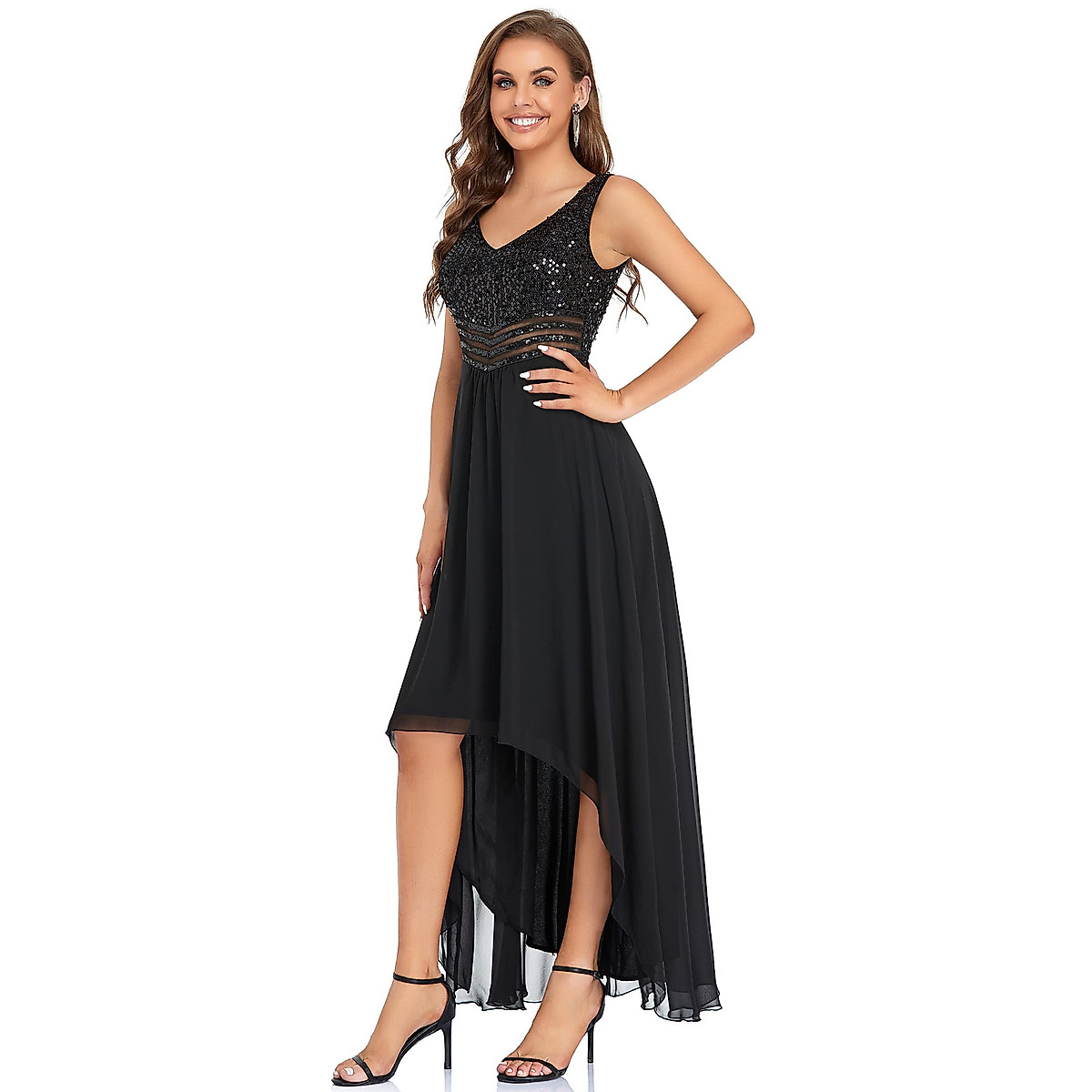 Ever-Pretty Women's A-Line High Low Sequin Chiffon Floor Length Prom Gowns Black US8