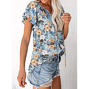 SimpleFun Hawaiian Shirts for Women Summer Casual Flowy Short Sleeve Boho Floral Blouses (Floral10,L)