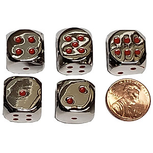 Cyber-Deals Set of Dice Cup Black PU Leather w/Plush Black Felt Lined + 16mm Zinc Alloy Metal Dice, Gift Boxed (Nickel, Red)