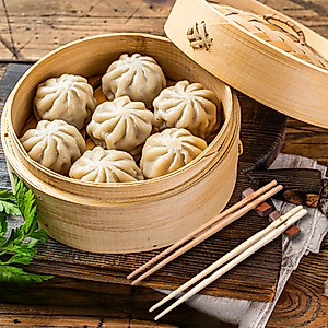 Misha's Homely Finds Bamboo steamer basket 2 tier 10 inch, 50 reusable paper liners, 2 pairs chopsticks, 1 ceramic sauce dish natural homemade food basket