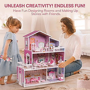 ROBUD Wooden Dollhouse Playset, 3 Stories, 5 Rooms, 24 PCS Furniture, Pretend Play Toys Gift for Kids Toddlers Girls