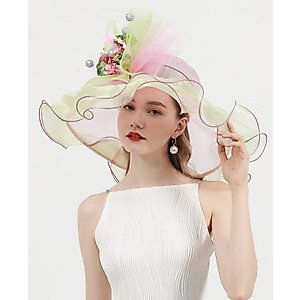 RZTA Women's Kentucky Derby Church Dress Hat Wide Brim Leaf Flower Bridal Shower Hat E3-Beige,Pink