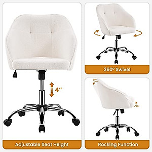 Yaheetech Modern Boucle Desk Chair, Makeup Vanity Chair with Adjustable Tilt Angle, Swivel Office Chair Upholstered Armchair Study Chair for Home Makeup Room Ivory