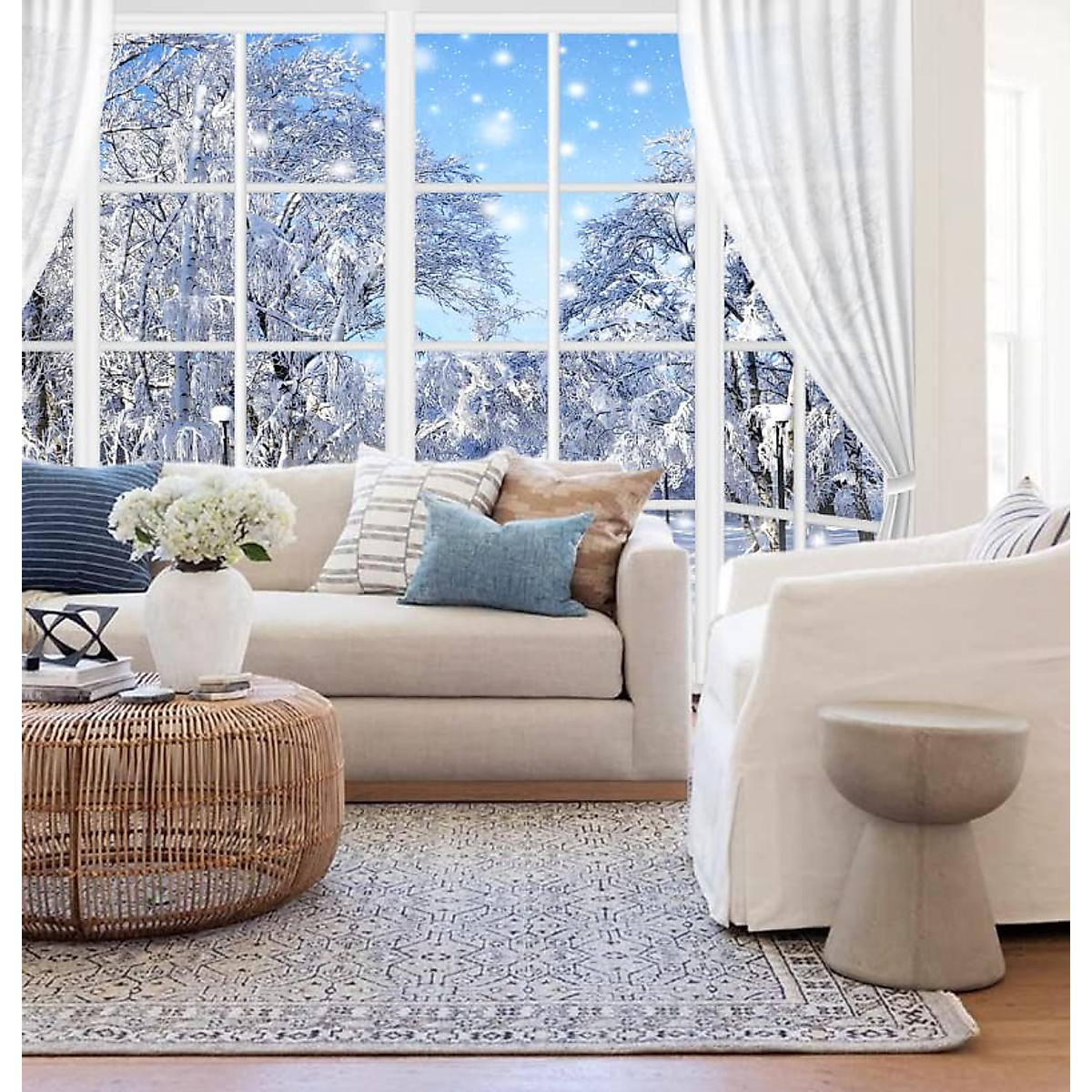 Winter Scene Backdrop Holiday Wonderland Snowflake Photography Background Window Forest Christmas Party Decoration Tree Landscape Kids Portrait Photobooth Photo Studio Props 7x5ft White