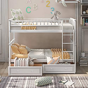 GLORHOME Twin Over Twin Wood Convertible Bunk Bed with Storage Drawers and Full Length Safety Guard Rails,Space Saving Bedroom Furniture, Can Be Converted into 2 Beds