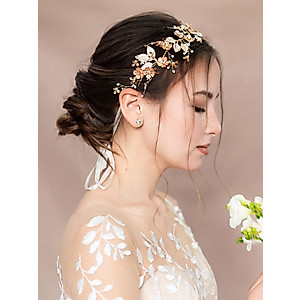 SWEETV Handmade Wedding Headpieces for Bride Hair Accessories Flower-Leaf Bridal Headband Rose Gold Wedding Hair Piece