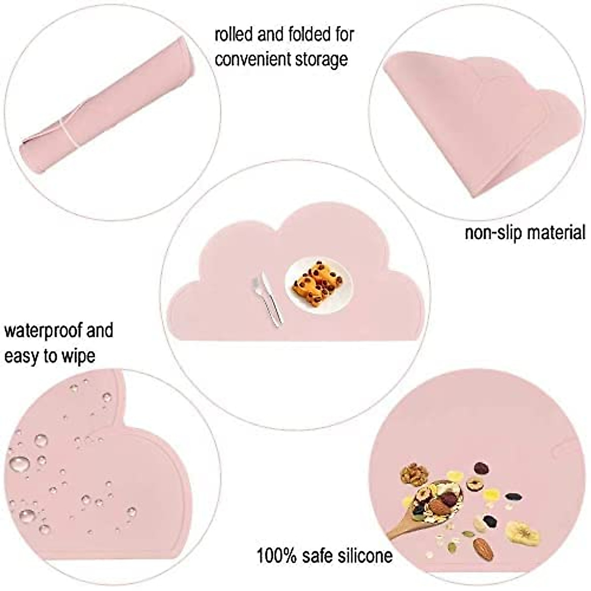 PandaEar 2 Pack Silicone Table Placemats Food Grade Mats for Kids Baby Toldder| BPA Free Non Slip Eating Table Mat Lightweight Portable with Unique Raised Edge (Pink Grey)