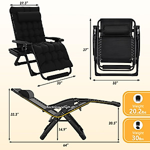 Slendor Oversized Zero Gravity Chairs XXL, 33In Padded Zero Gravity Lounge Chair, Lawn Recliner, Folding Patio Reclining Chair w/Aluminum Alloy Lock, Headrest, Cup Holder, Support 500lbs, Black